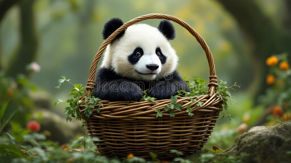 A cute panda in a basket stock illustration. Illustration of character ...