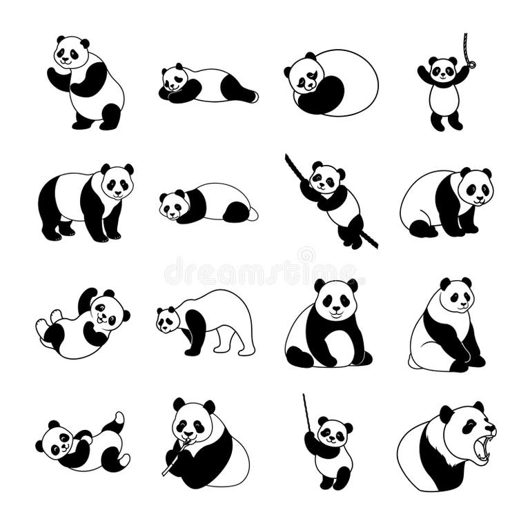 Cute Panda Bear Illustrations Bundle with Various Poses Stock ...