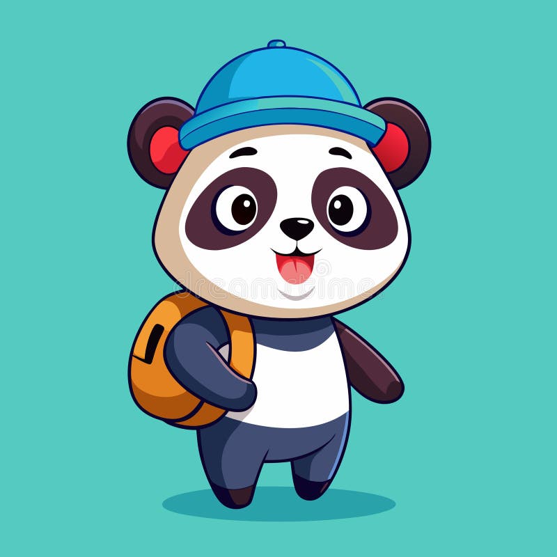 Cute Panda Cartoon Character Wearing a Backpack and Hat Stock Vector ...
