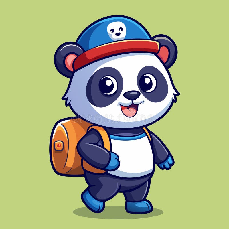 Cute Panda Cartoon Character Wearing a Hat and Backpack, Walking Stock ...