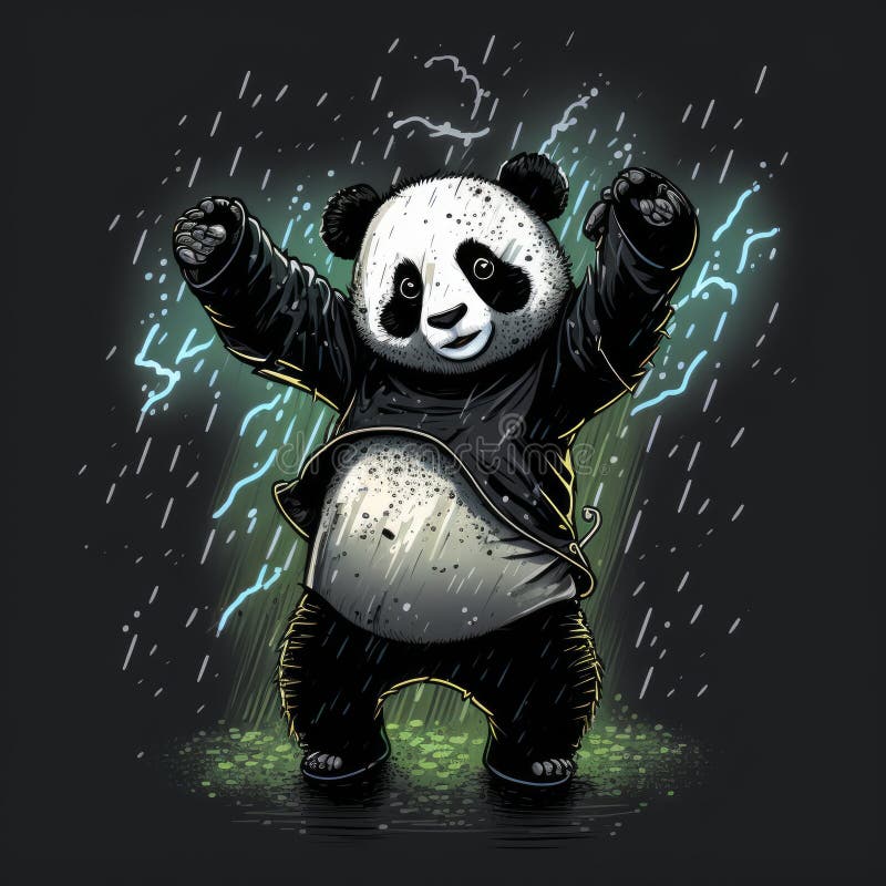 Cute Panda Character with Thunder Lights on Black Background Generative ...