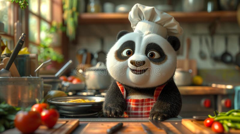 Cute Panda Chef in a Cozy Kitchen - Generative Ai Stock Illustration ...