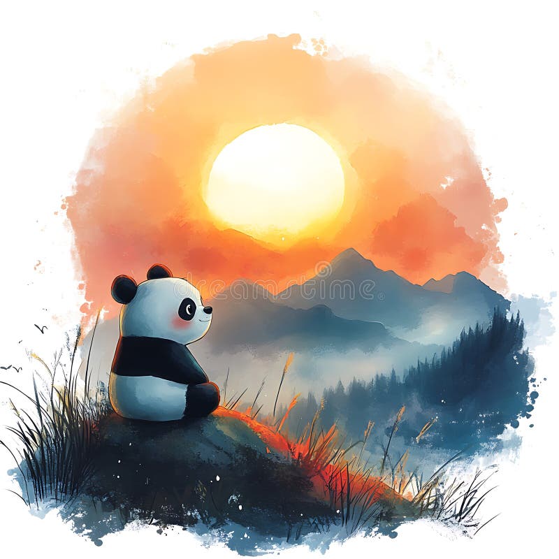 Cute Panda Contemplates a Serene Sunset Over Misty Mountains Stock ...
