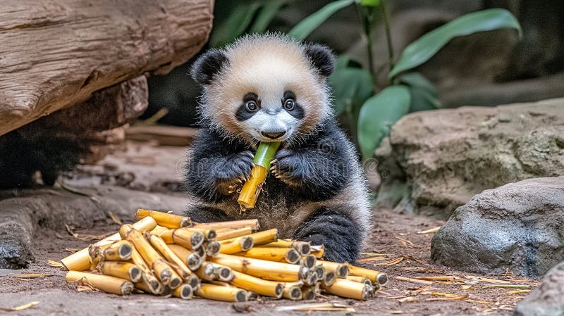 Cute Panda Cub Eating Bamboo in Enclosure Stock Image - Image of mammal ...