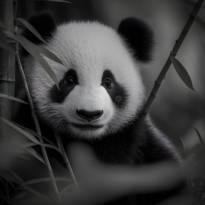 Cute Panda Cub Looking at Camera, Black and White Photography, Panda ...