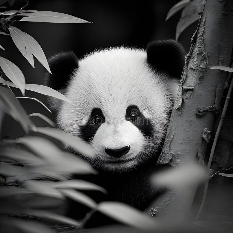 Cute Panda Cub Looking at Camera, Black and White Photography, Panda ...