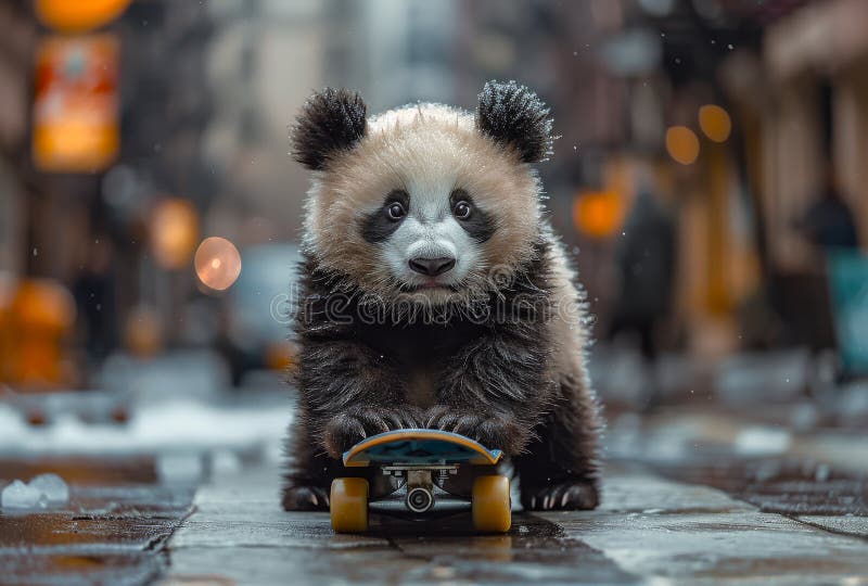 Cute Panda Cub Playing with Skateboard in the City Stock Image - Image ...