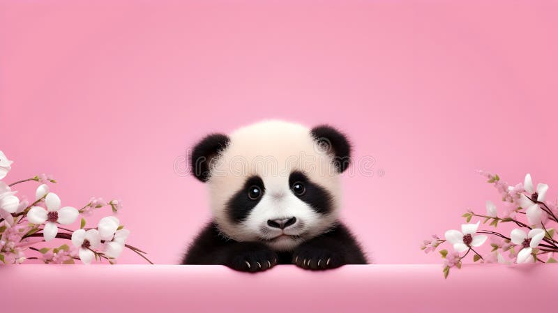 Cute Panda Cub Sitting on Solid Pink Background with Copy Space Stock ...