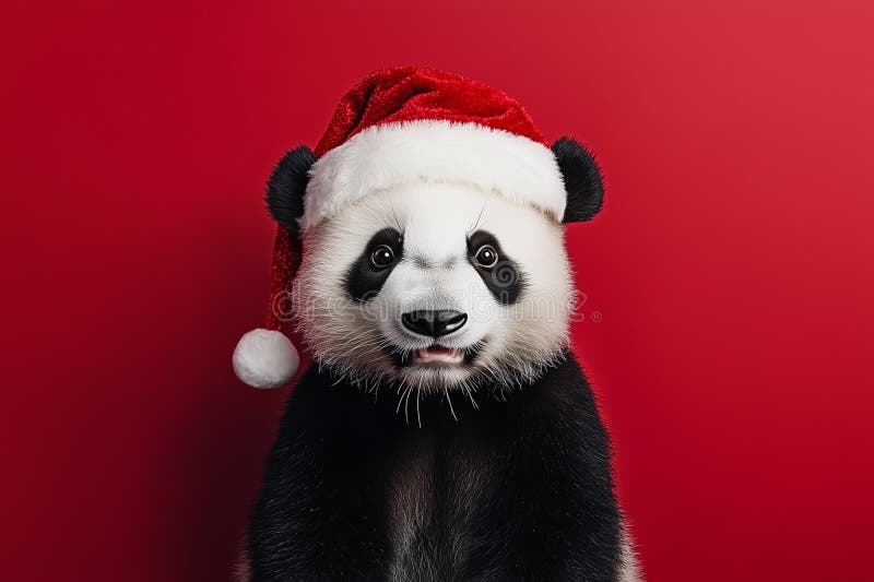 A Cute Panda Cub, Wearing a Santa Hat, Looks Directly at the Camera ...