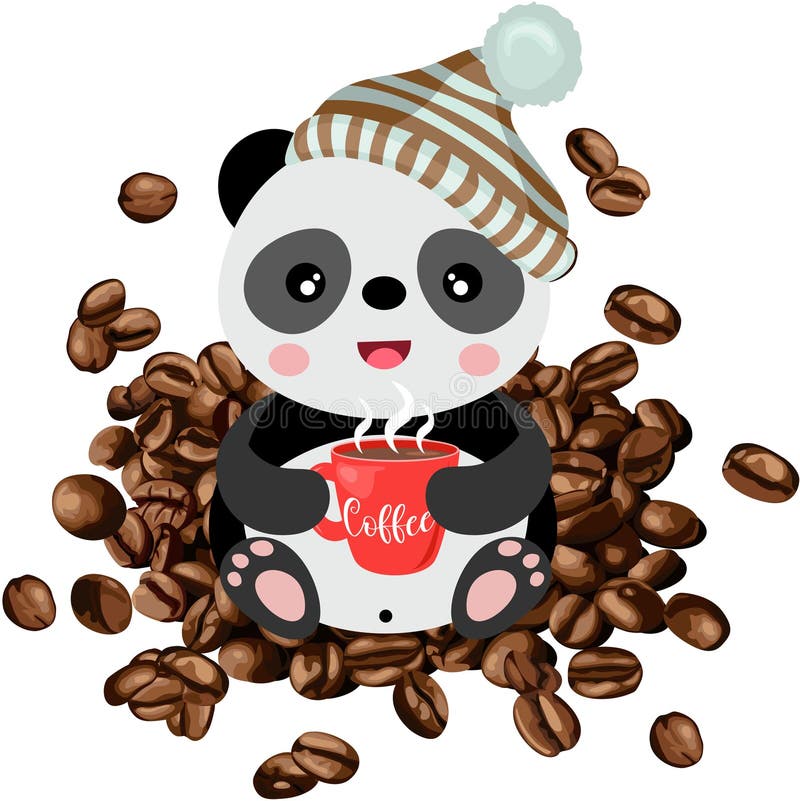 Cute Panda Drinking Cup of Coffee with Coffee Beans Stock Vector ...