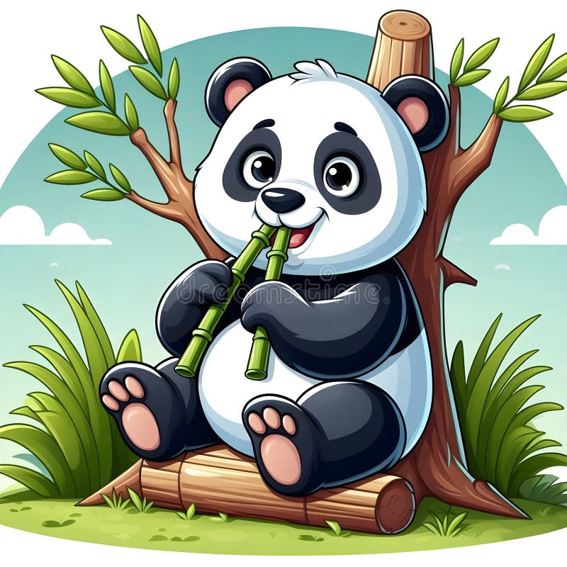 Cute panda eating bamboo stock illustration. Illustration of flower ...