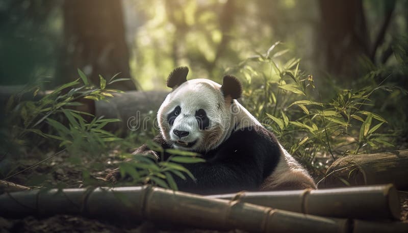 Cute Panda Eating Bamboo in the Tropical Rainforest Generated by AI ...