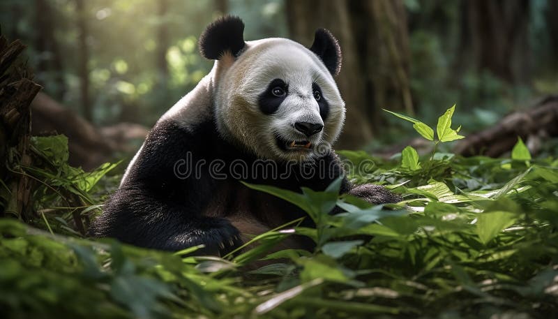 Cute Panda Eating Bamboo in Tropical Rainforest, Surrounded by Green ...