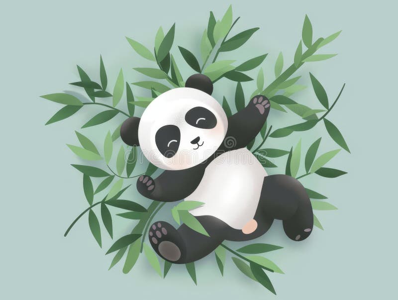 Cute Panda Flat Design Top View Bamboo Theme Cartoon Drawing Stock ...