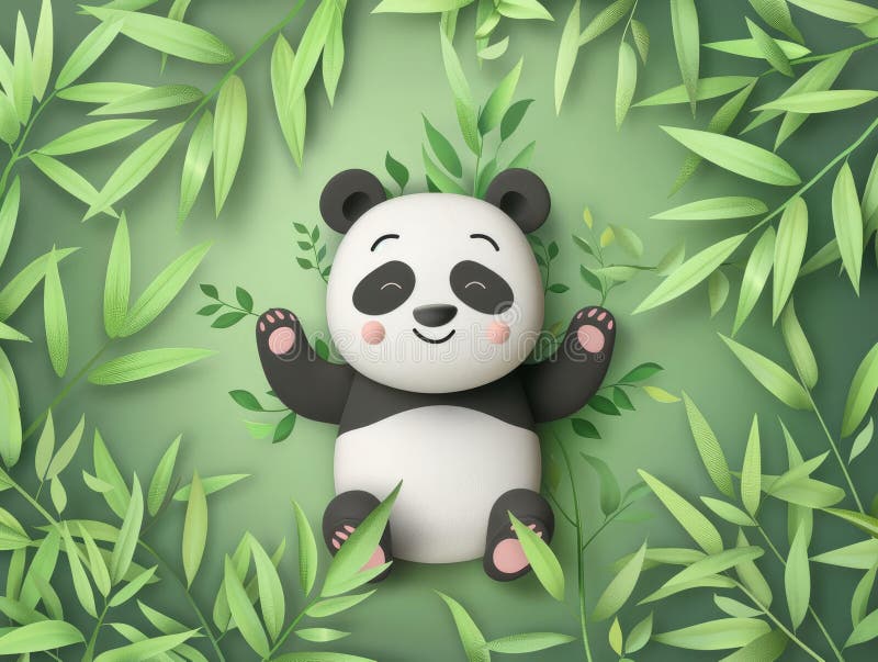 Cute Panda Flat Design Top View Bamboo Theme Cartoon Drawing Stock ...