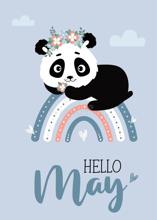 Cute Panda with Flower Wreath on Rainbow with Clouds. Postcard Hello ...