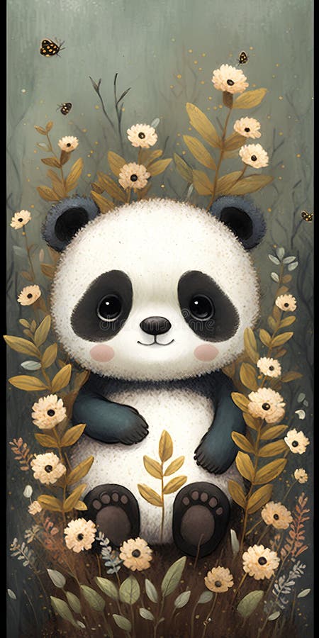 Cute Panda with Flowers and Leaves. Hand Drawn Illustration Stock ...