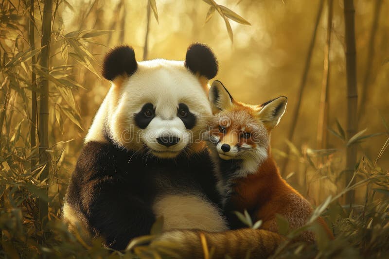 Cute Panda and Fox in Tranquil Bamboo Forest Setting Stock Illustration ...