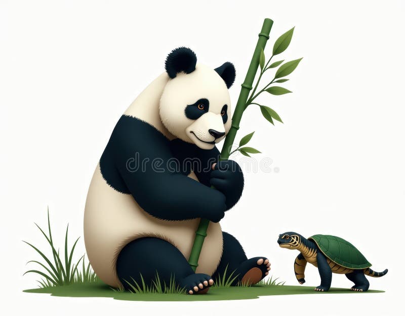 Cute Panda Holding Bamboo with Little Turtle Friend Stock Illustration ...