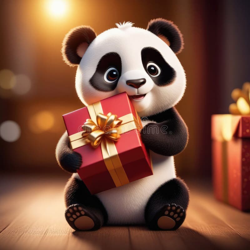 Cute Panda Holding a Gift Box in His Paws Stock Illustration ...