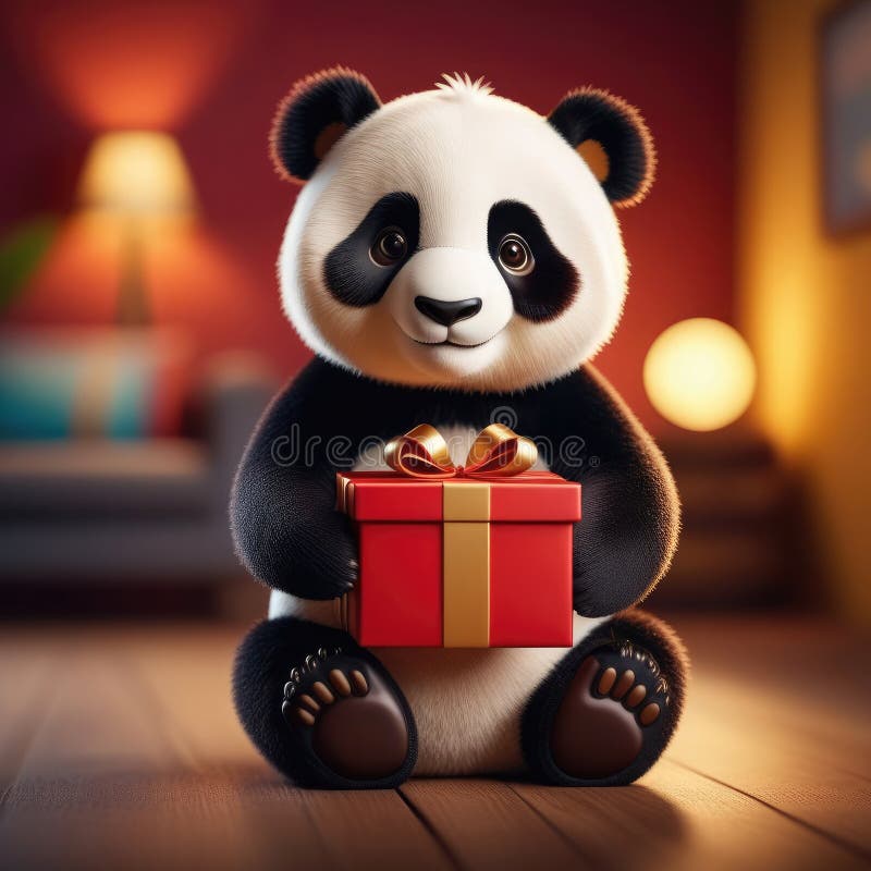 Cute Panda Holding a Gift Box in His Paws Stock Illustration ...