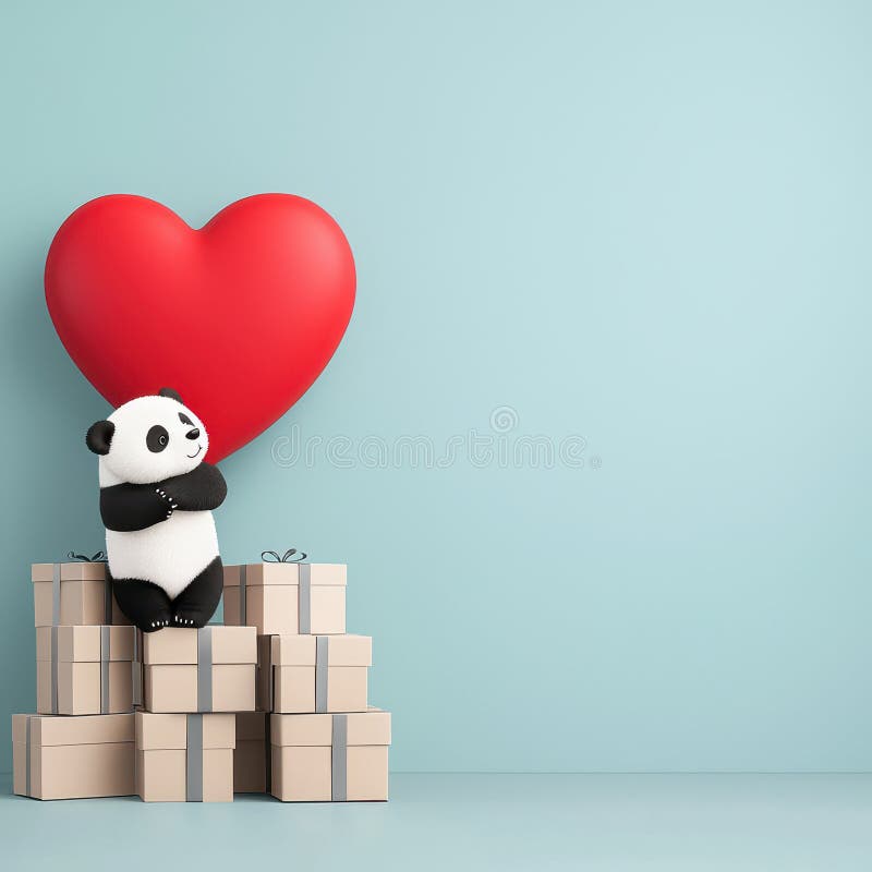 Cute Panda Hugging Large Red Heart while Sitting on Gift Boxes Stock ...