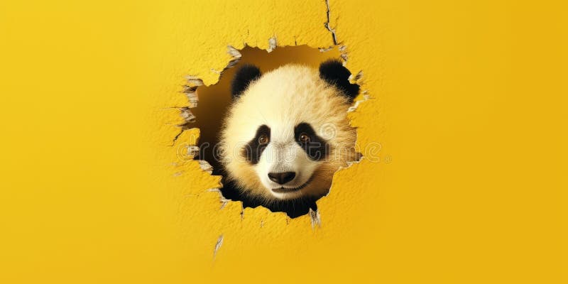 Cute Panda Peekging Out of a Hole in Wall, Torn Hole, Empty Copy Space ...
