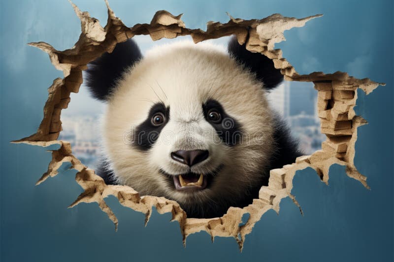 Cute Panda Peeks through a Torn Wall, Framing Empty Space Stock ...