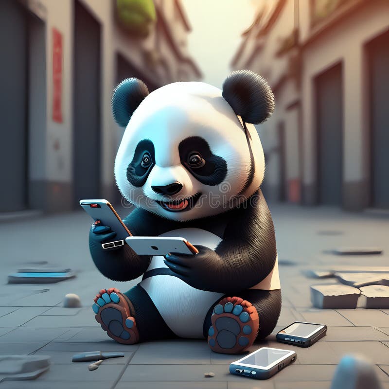 Cute Panda Play with a Smartphone, Character - Generated by Ai Stock ...