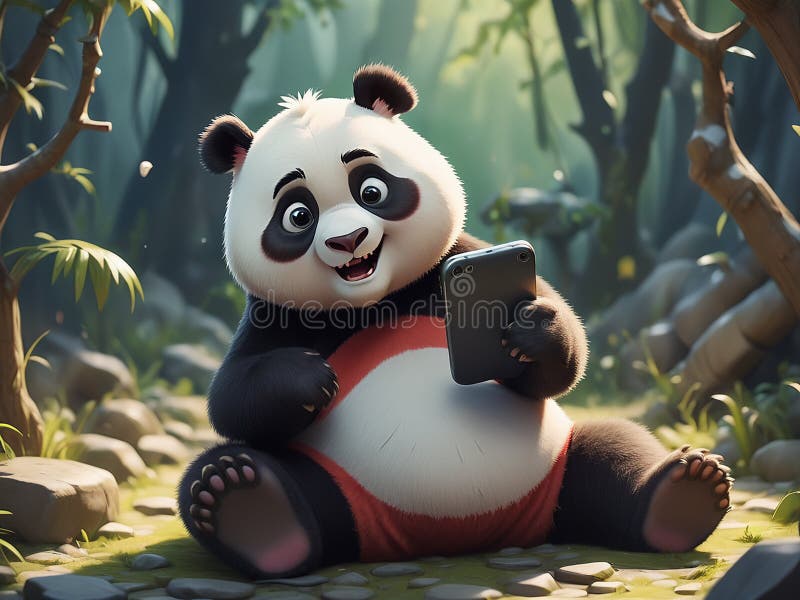 Cute Panda Play with a Smartphone, Character - Generated by Ai Stock ...