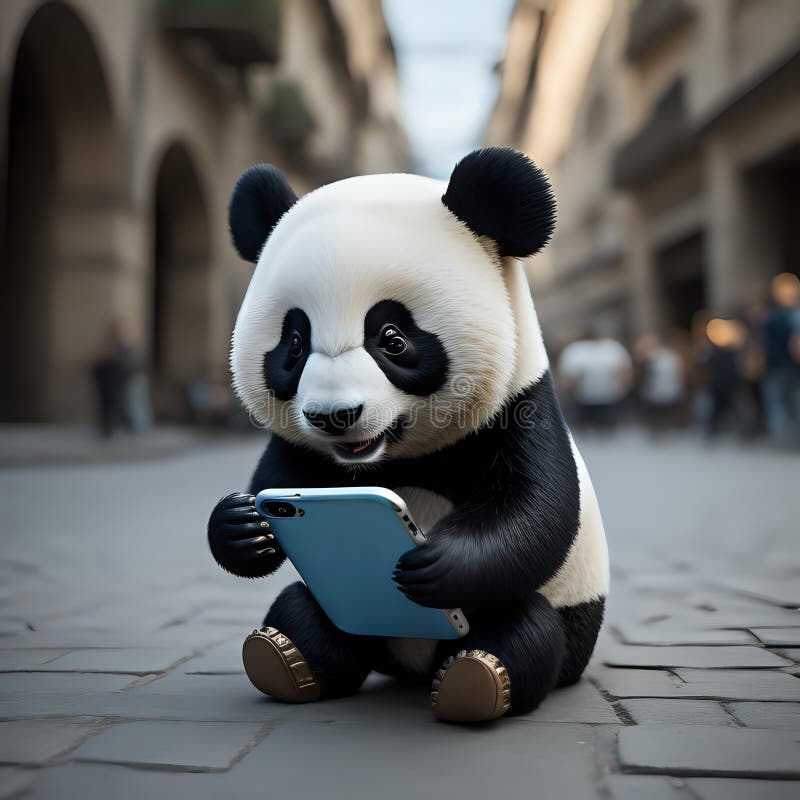 Cute Panda Play with a Smartphone, Character - Generated by Ai Stock ...