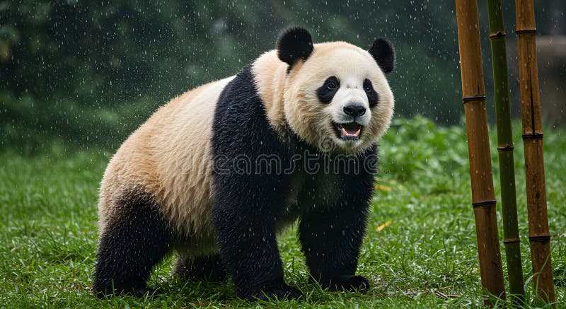 Adorable Panda Enjoying Rain in Nature Stock Image - Image of carefree ...