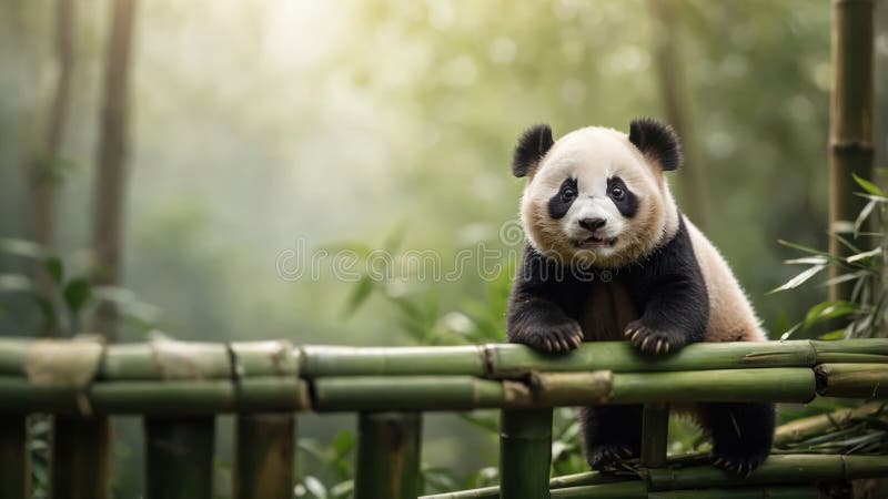 Adorable Baby Panda Cub on Bamboo Fence in Misty Forest Stock ...