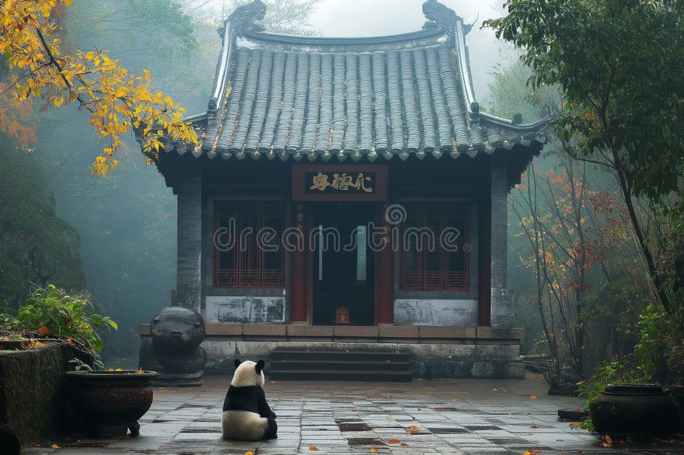 A Cute Panda Sitting in the Foreground in Front of a Majestic Monastery ...