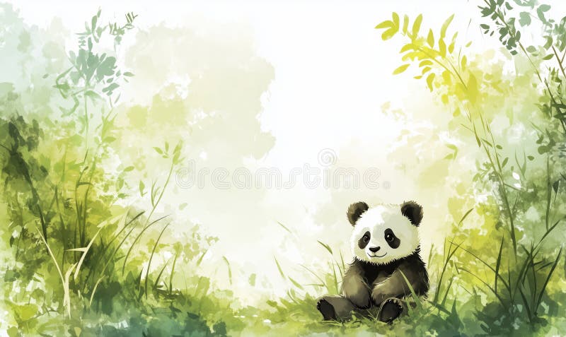Cute Panda Sitting in Lush Green Forest with Soft Watercolor Background ...