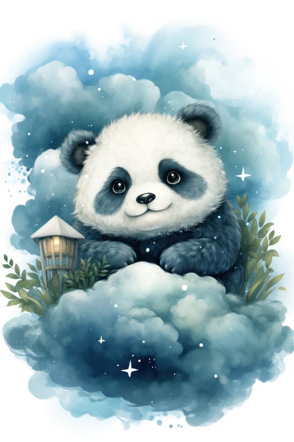 Cute Panda Sleeping on a Cloud Watercolor Drawing. Generative AI Stock ...