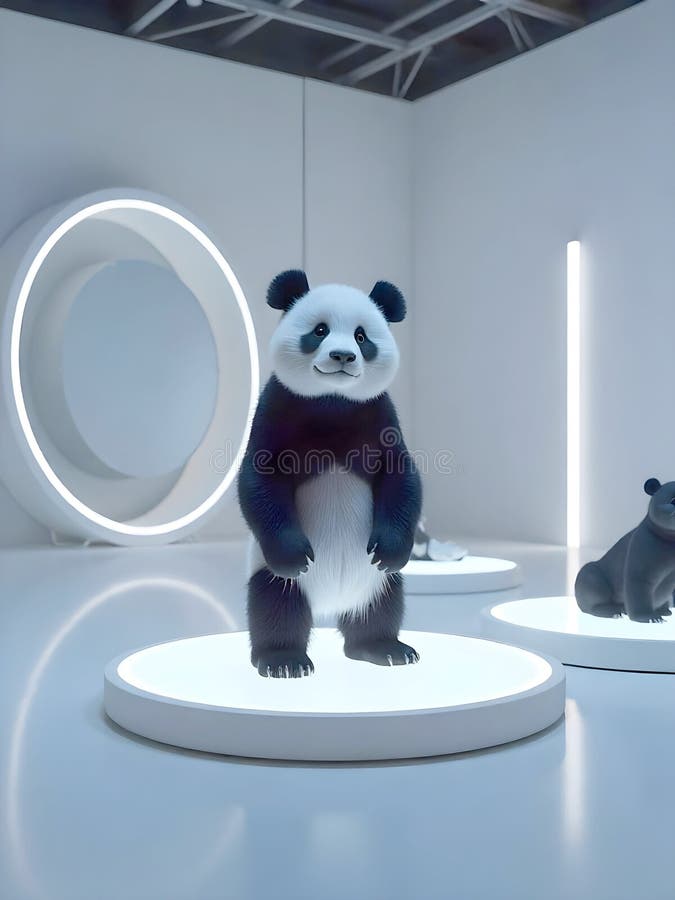 A Cute Panda Stands on a Glowing White Platform in a Bright, Minimalist ...