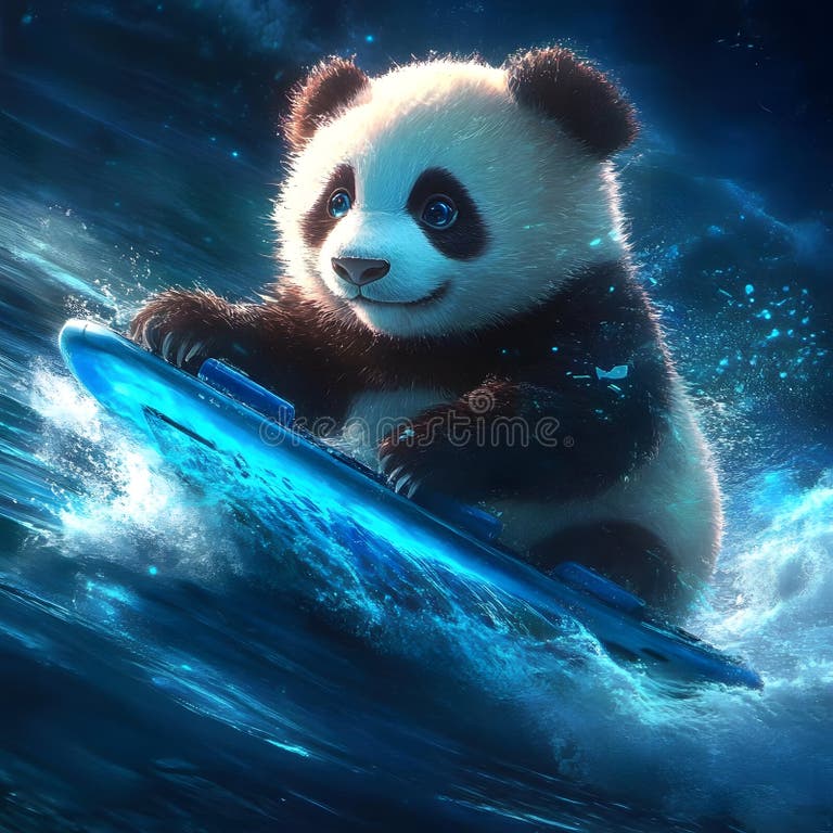 Cute Panda Surfing on a Vibrant Wave. Stock Illustration - Illustration ...
