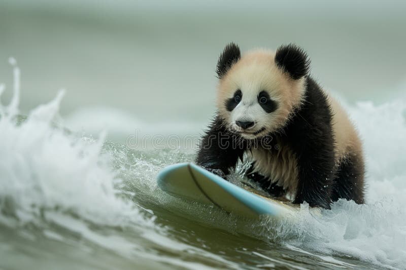 Cute Funny Panda Surfing a Wave in the Ocean. the Image is Generated ...