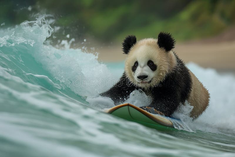 Cute Funny Panda Surfing a Wave in the Ocean. the Image is Generated with the Use of an AI ...