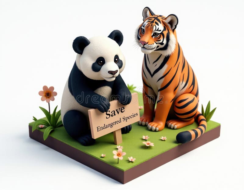 Cute Panda and Tiger Holding "Save Endangered Species" Sign - 3D Render ...