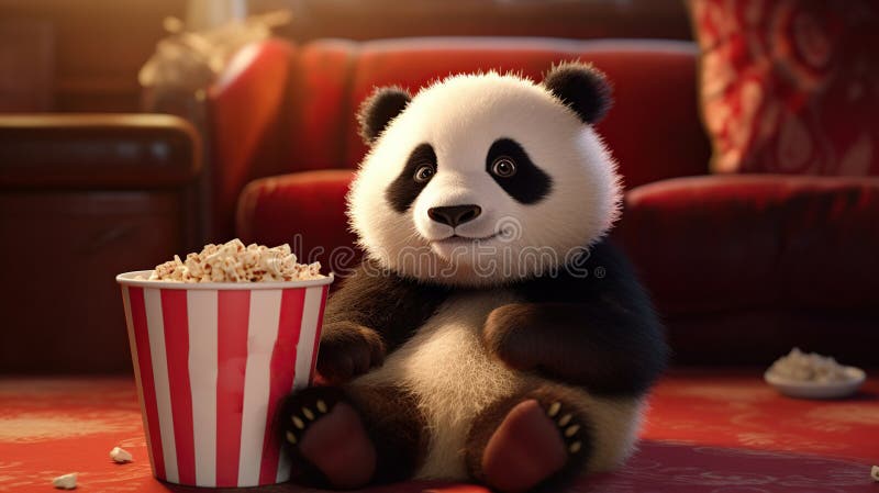 Cute Panda Watching Movie and Eating Popcorn Stock Illustration ...