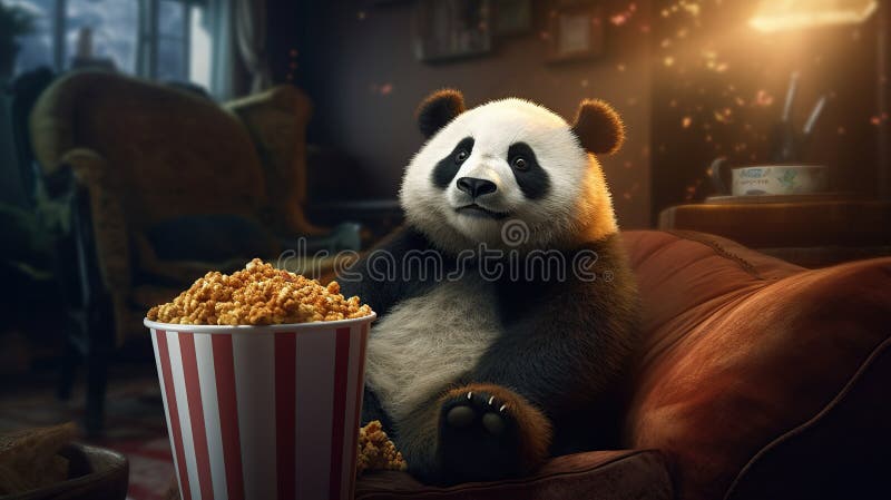 Cute Panda Watching Movie and Eating Popcorn Stock Illustration ...