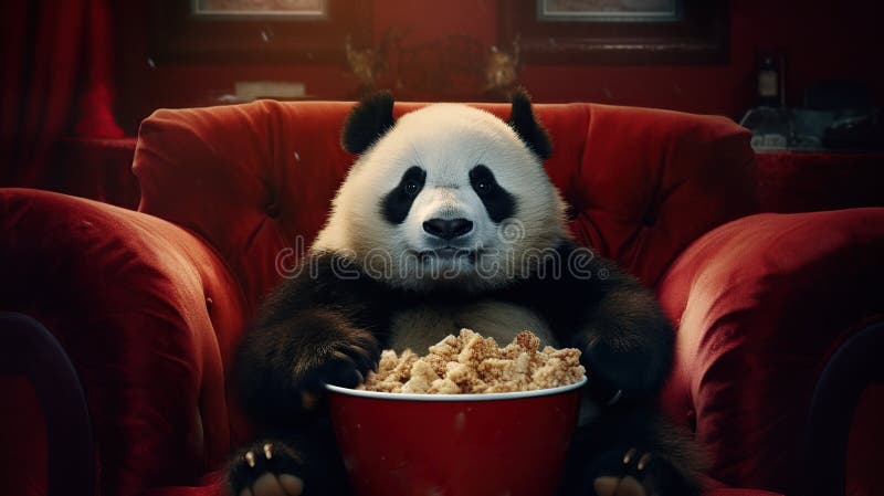Cute Panda Watching Movie and Eating Popcorn Stock Illustration ...