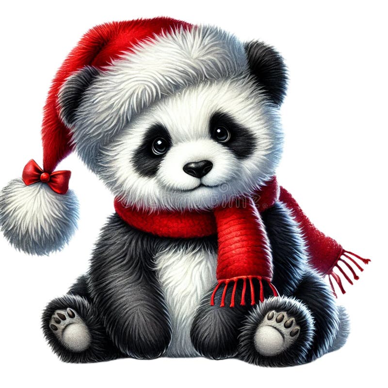 Cute Panda Wearing Santa Hat and Red Scarf, Ready for Holidays ...