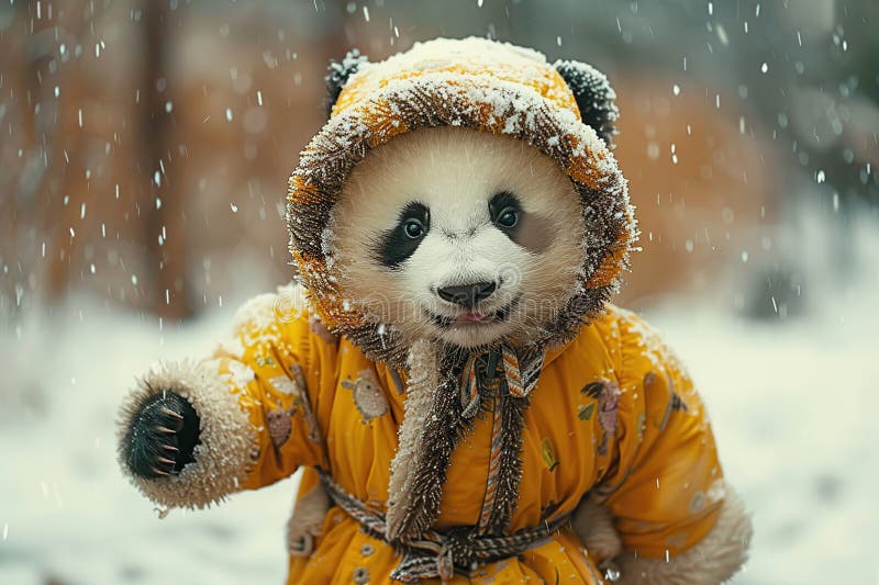 Cute Panda Wearing Yellow Jacket in Snow Stock Illustration ...