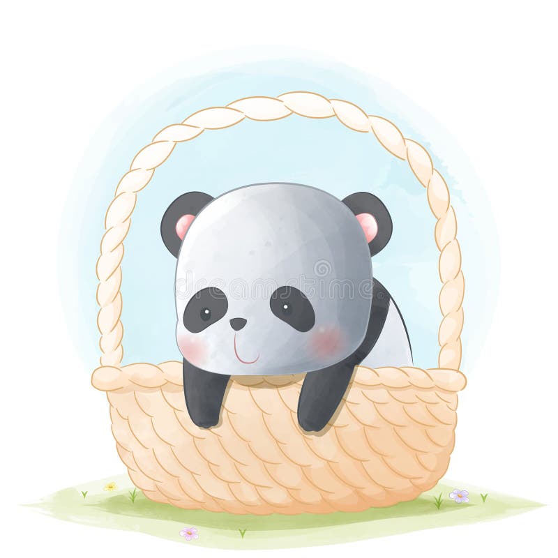 Cute Panda in the Wicker Basket Stock Vector - Illustration of baby ...