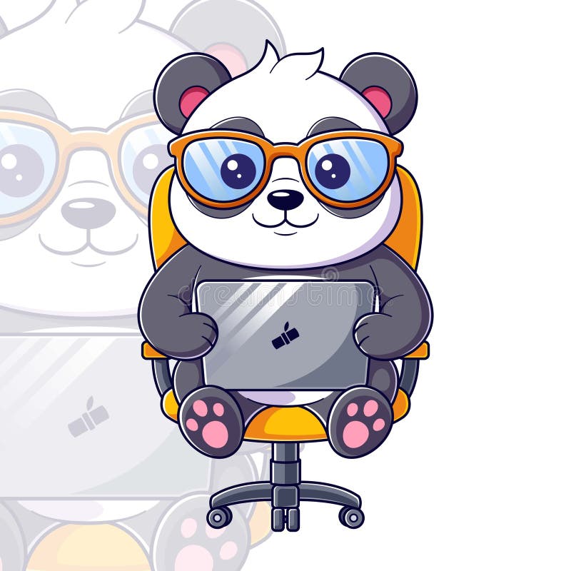 Cute Panda is Working in Front of a Tablet Stock Vector - Illustration ...