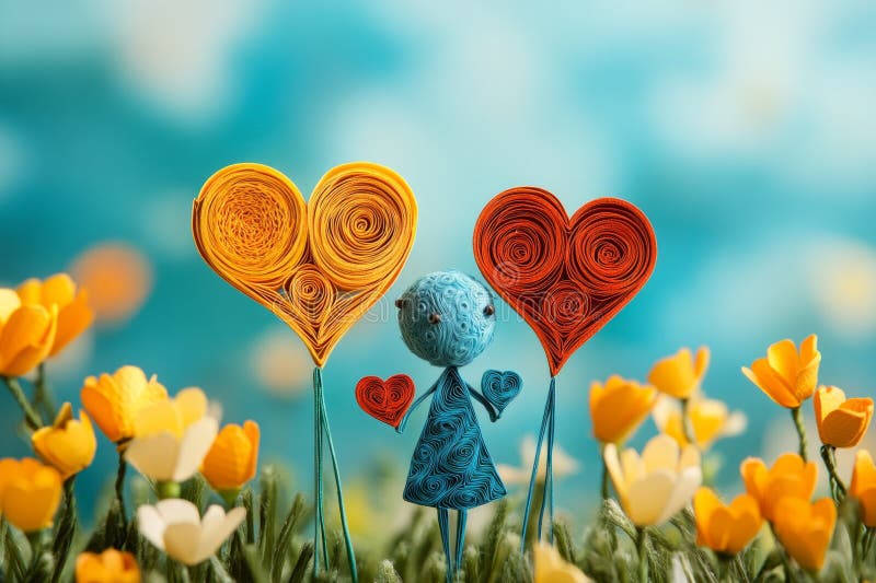 Cute Paper Doll Holding Two Hearts Surrounded by Flowers Stock Image ...
