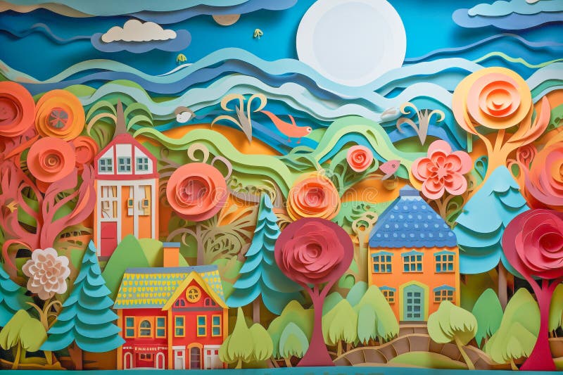 Cute Paper Village Scene stock illustration. Illustration of innocence ...